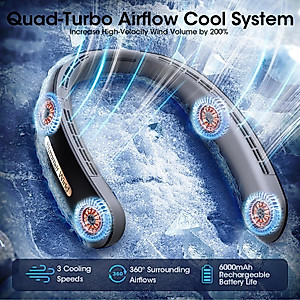 MSEVC Neck Fan 4 Turbo 6000mAh Portable Neck Fan 360°Cooling Airflow Bladeless Neck Fan USB Rechargeable with 3 Speeds Adjustment Wearable Personal Fan for Outdoor Travel Indoor - Black