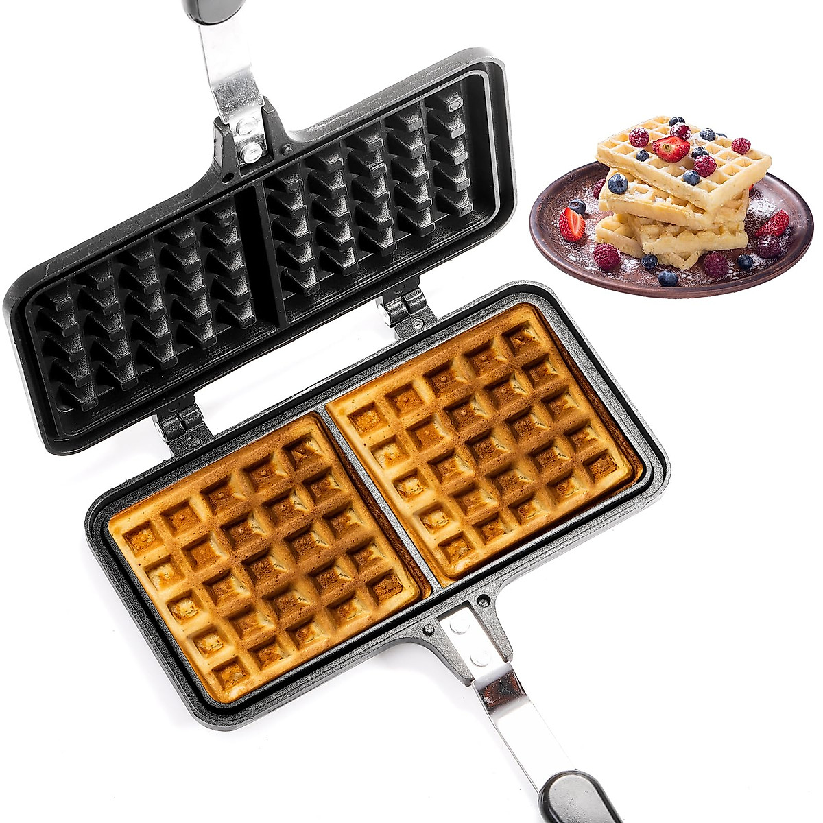 Dicunoy Non-stick Waffle Maker, 8" Camping StoveTop Waffle Maker with Long Handle, Portable Aluminum Waffle Maker Pan for Waffles Sandwich Toaster, Breakfast, Sandwich Baking