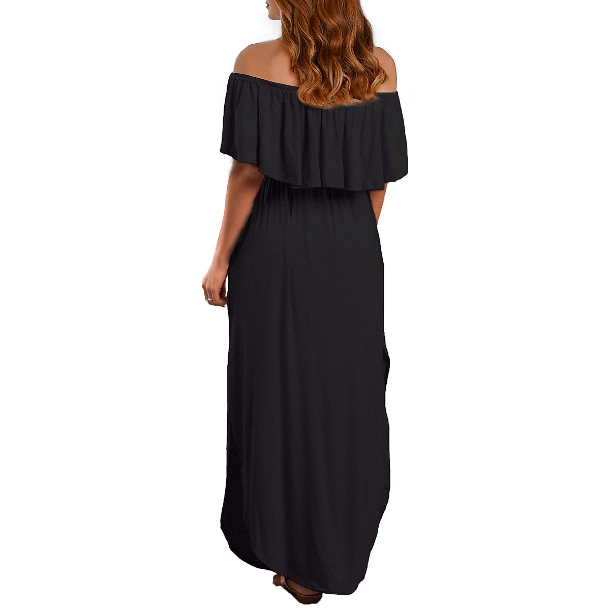VERABENDI Women's Off Shoulder Summer Casual Long Ruffle Beach Maxi Dress with Pockets Black L
