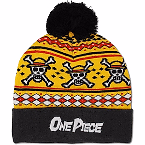 Ripple Junction One Piece Straw Hat Crew Adult Anime Mens Womens Fitted Knit Winter Hat Pom Pom Beanie Black and Yellow