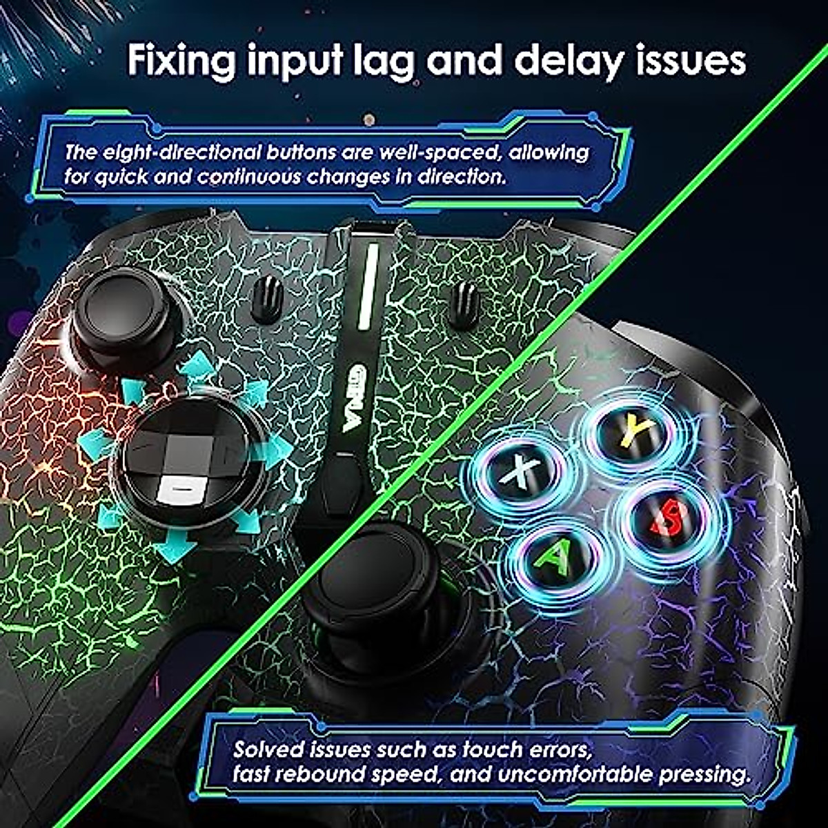 Gina Joyfurno Game Controller, Wireless Controller Compatible with Xbox One/One X/One S, Series X/S, PC, Gamepad with 6 Light Colors Unique Crack Skin/Dual Vibration/2.4GHz Connection (black)