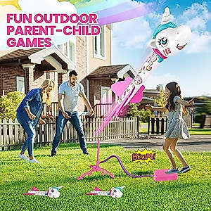 YOTOY Unicorn Rocket Launcher for Kids - Fun Outdoor Toys Launch of up to 100 Ft, 3 Unicorn Rockets, Gifts for 3 4 5 6 7 Years Old Girls and Boys
