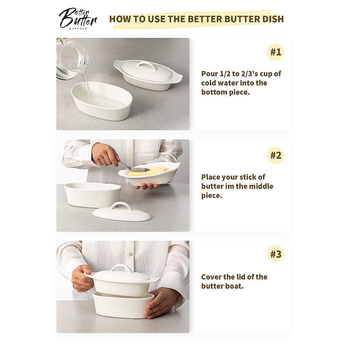 Large Butter Dish with Lid - Airtight Butter Keeper Container Holds Up to 2 Sticks of Butter - Porcelain Container with Beech Wooden Lid, White, Better Butter & Beyond