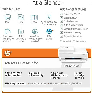 HP Envy 6458e All-in-One Wireless Color Inkjet Printer, Print Copy Scan - 10 ppm, 4800 x 1200 dpi, Auto 2-Sided Printing, 35-Sheet ADF, Dual-Band WiFi, Instant Ink Ready, White (Renewed)