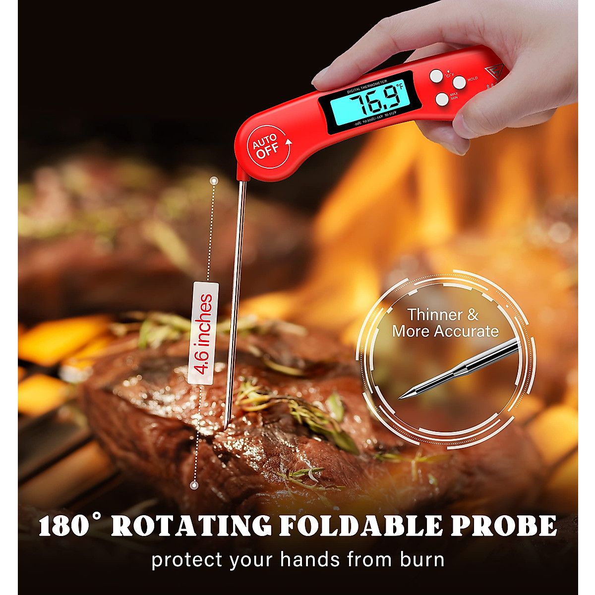 DOQAUS Digital Meat Thermometer, Instant Read Food Thermometer for Cooking, Kitchen Thermometer Probe with Backlit & Reversible Display, Cooking Thermometer Temperature for Turkey Grill BBQ Candy