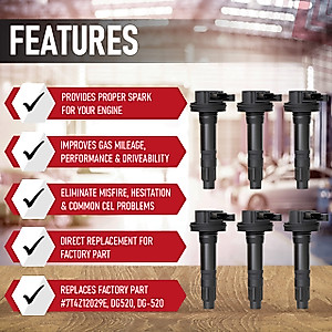 Ignition Coil Pack Set of 6 - Compatible with Ford, Mercury, Mazda & Lincoln Vehicles - 3.5L, 3.7L V6 Edge, F150, Explorer, Mustang, Taurus X, MKZ - Replaces 7T4E-12A375-EE, DG520, 7T4Z12029E, DG-520