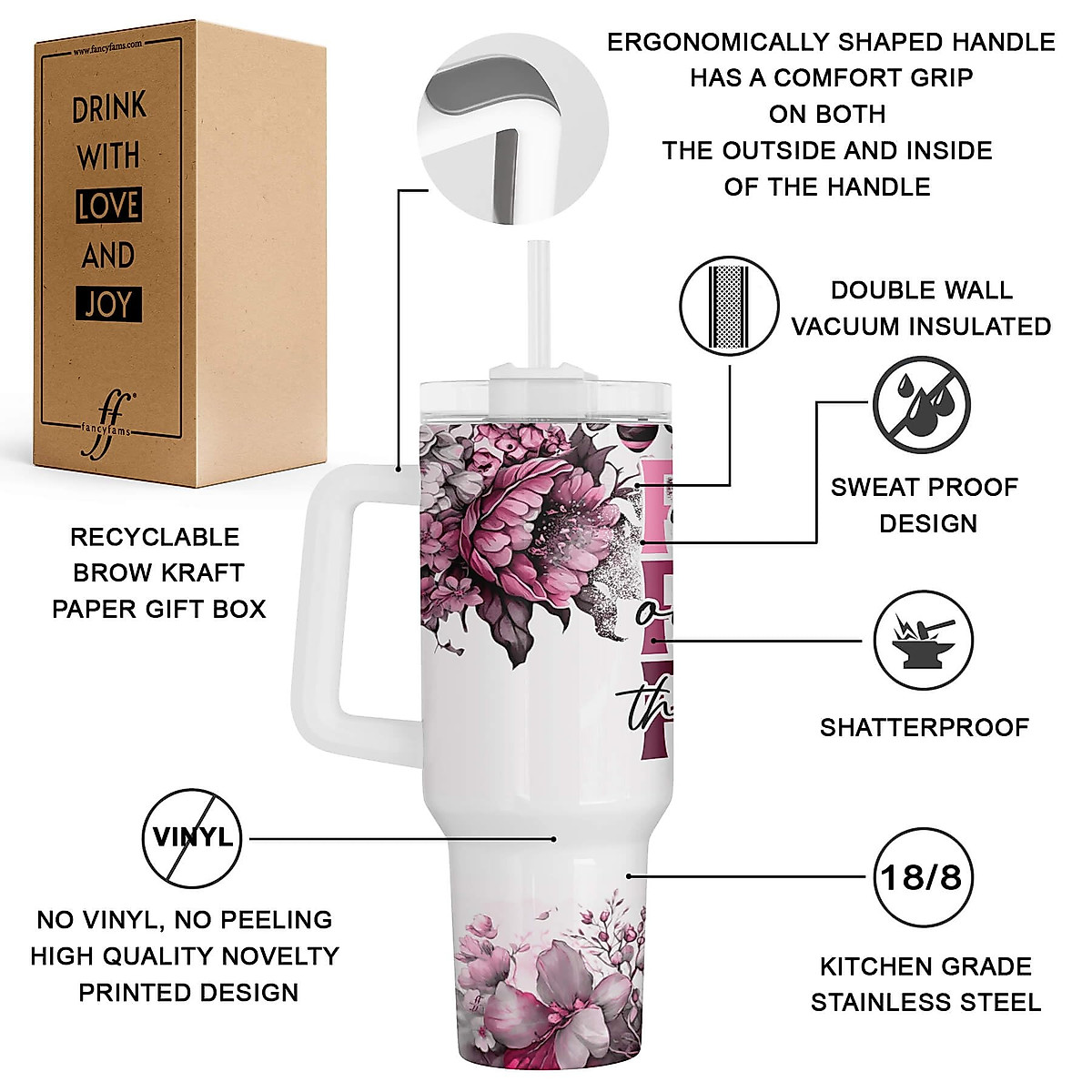 Fancyfams - Christian Gifts for Women Faith, 40 oz Tumbler Travel Mug - Birthday & Religious Gifts, Inspirational Best Friend Tumbler (Pray - 40oz)