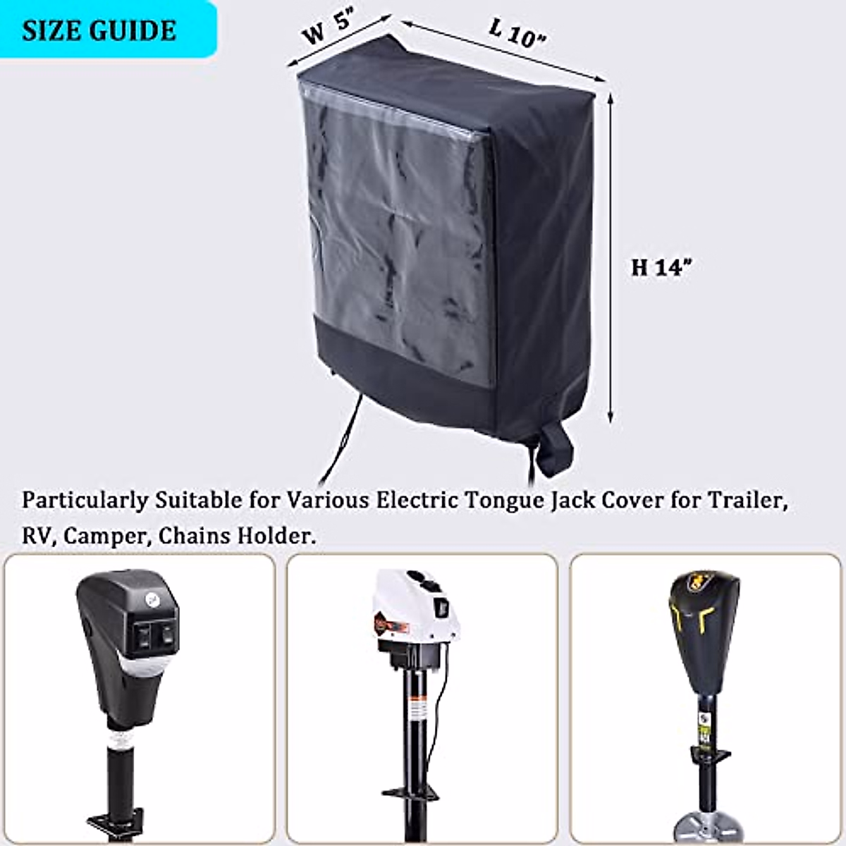 Softclub Electric Jack Cover, Waterproof PVC, Electric Tongue Jack Cover for Travel Trailer, Camper, Chain Holder, Plug Protector, Jack Protective Head Cover Universal Size (10’’L x 5’’W x 14’’H)