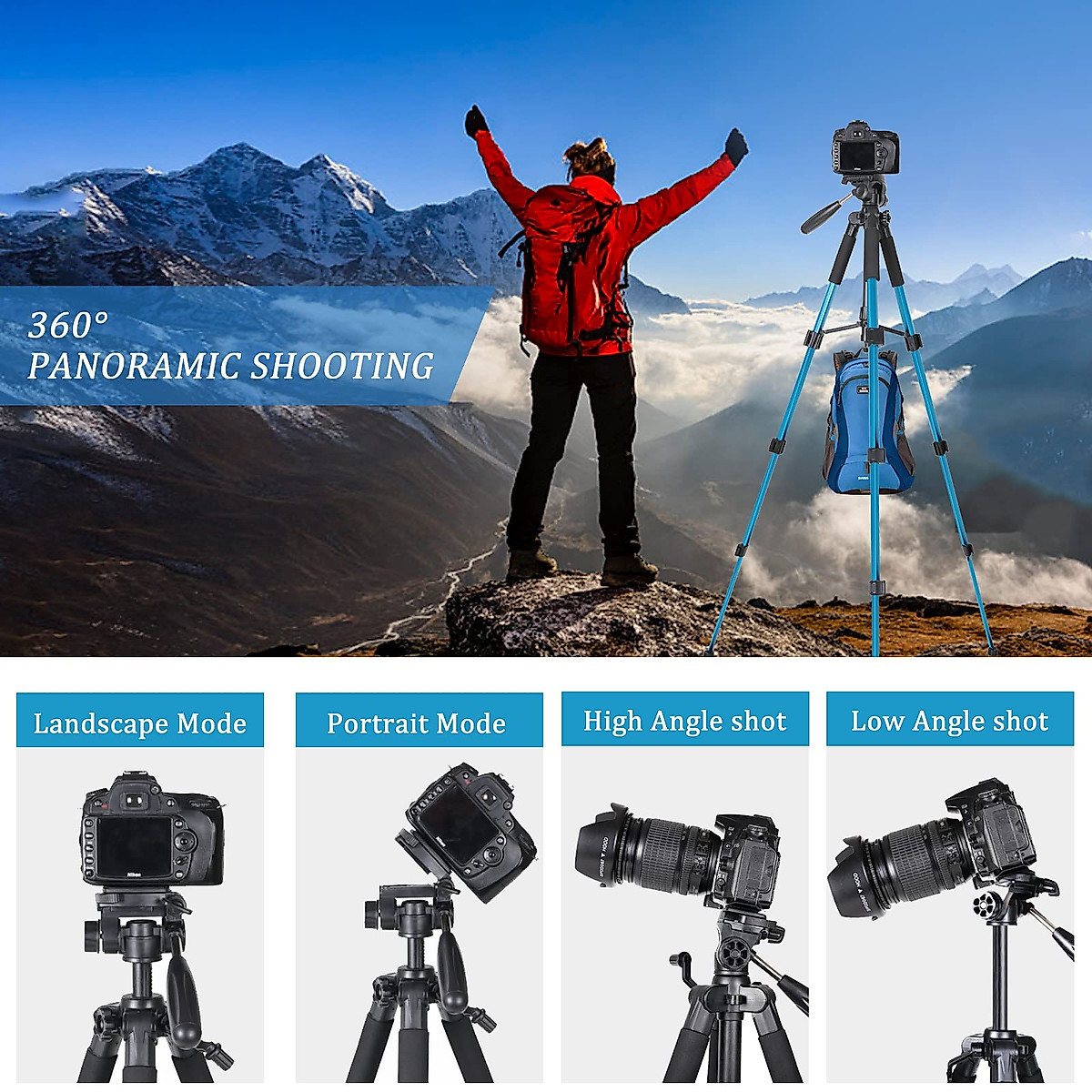 Portable 55-inch Camera Tripod Q111 Lightweight Phone Stand with Phone Holder and Quick Release Plate for DSLR Cameras,Cell Phones,Projector,Webcam,Spotting Scopes Canon EOS Nikon Sony Samsung(Blue)