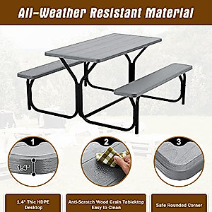 Haddockway Picnic Table Bench Set Patio Camping Table with All Weather Metal Base and Plastic Table Top Outdoor Dining Garden Deck Furniture for Adult Grey