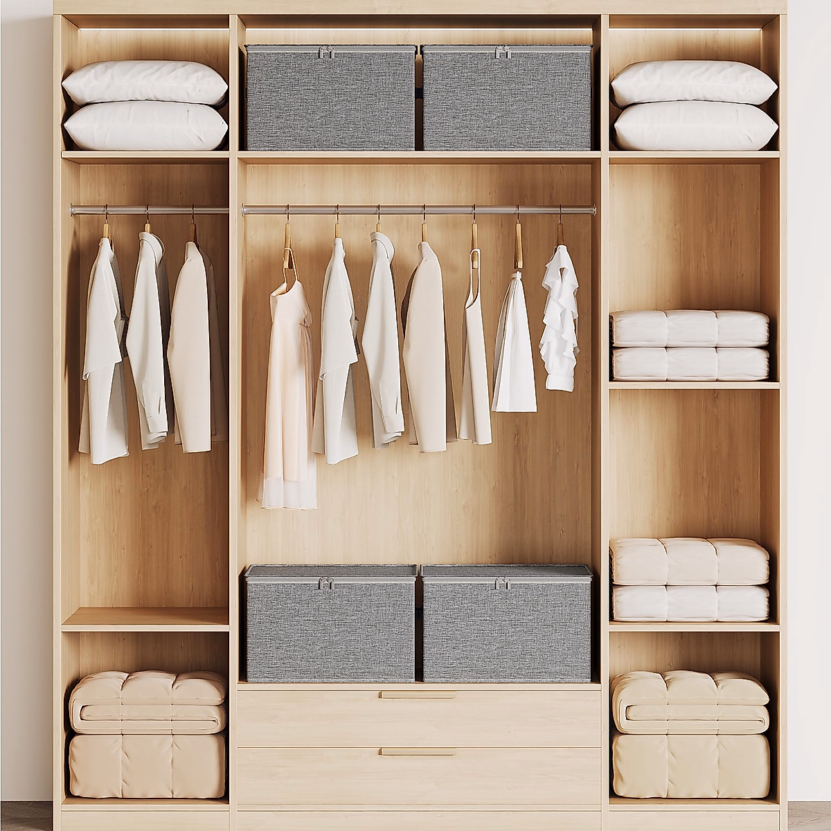 KitHero Clothes Storage Bins with Sturdy Frames, Foldable Fabric Clothing Organizer Box for Moving, Sweater Storage Cube with Lids and Zipper, Linen Closet Storage Bags for Blankets, Clothes, Sheet