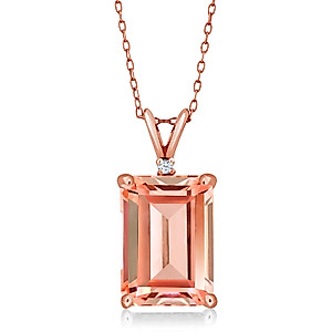 Gem Stone King 18K Rose Gold Plated Silver Peach Nano Morganite Pendant Necklace For Women (6.32 Cttw, Gemstone October Birthstone, Emerald Cut 14X10MM, with 18 Inch Silver Chain)