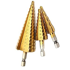 Dtacke 3pc 1/4" Hex shank Titanium Coated HSS Steel Step Drill Bit Cone Drill Hole Metal Cutter Bit Set