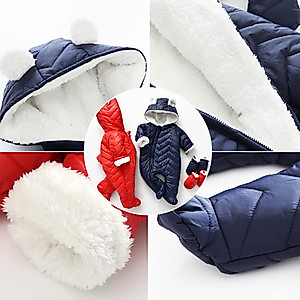 Bafeicao Infant Baby Boy Girl Winter Hooded Snowsuit Romper Zipper Padding Jumpsuit Winter Warm Puffer Jacket with Gloves,Navy Blue, 9-12M