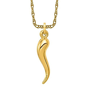 IceCarats 14K Yellow Gold Cornicello Italian Horn Necklace Lucky Protection Amulet Pendant Chilli Pepper Charm 27mm x 6mm Only