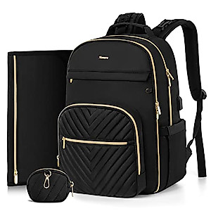 MOMUVO Diaper Bag Backpack, Quilted Baby Bag with Changing Pad & Stroller Straps & Pacifier Case, Large Travel Diaper Bags for Mom Dad, Black