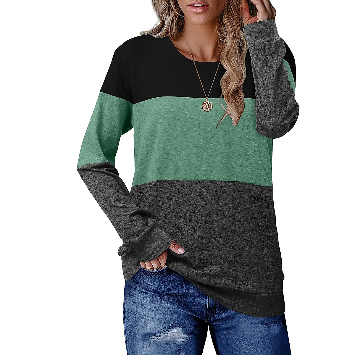 CRAZY GRID Women Casual Tops Loose Color Block Comfy Long Sleeve T Shirt Pullover Sweatshirts Black Green Small
