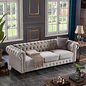 Chesterfield 3 Seater Button Tufted Sofa, Linen Fabric Upholstered Couch with Nailhead Arms Removable Cushions Rubber Wood Legs for Living Room Office Bedroom