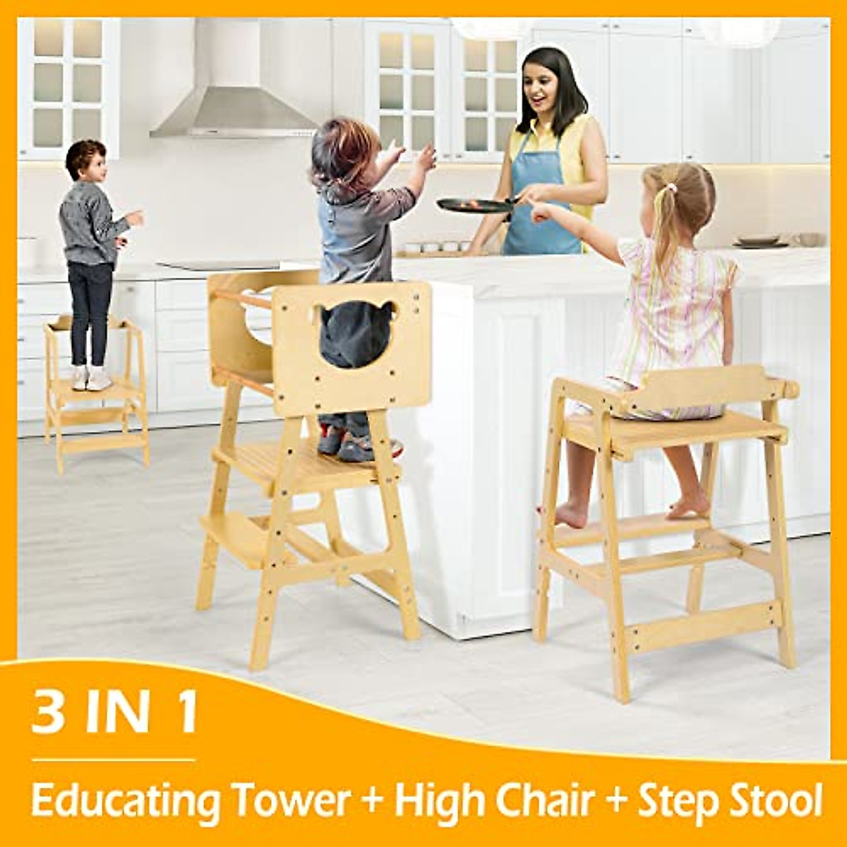 Montessori Educating Tower, Toddler High Chair & Step Stool with 3 Adjustable Height, Standing Kitchen Helper Bathroom Wood Safety Grow Seat, Multi-Function 3 in 1 for 1-12 Years