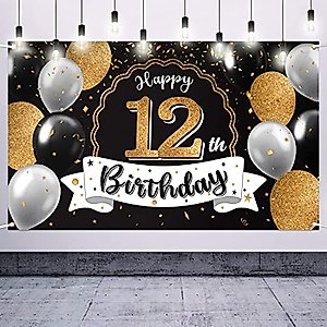 Nelbiirth Happy 12th Birthday Black & Gold Large Photo Banner - Cheers to Twelve Years Old Birthday Home Wall Photoprop Backdrop, 12th Birthday Party Decoration.