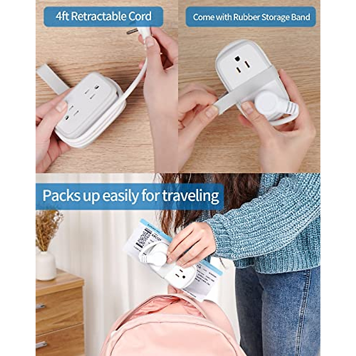 Travel Power Strip with USB C, NTONPOWER 4 Outlets 3 USB(1 USB-C), 4ft Flat Plug Extension Cord with USB C Ports, Portable Power Strip Flat Plug, Compact for Travel Hotel Cruise Essentials, White