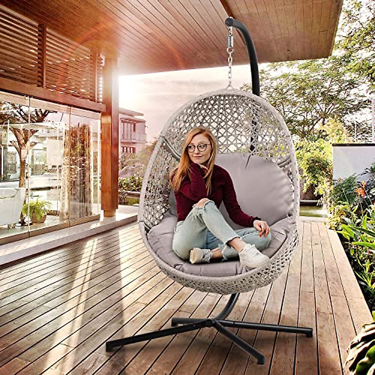 PRIVATE GARDEN Large Hanging Egg Chair with Stand Upgraded Wicker Egg Swing Chair Outdoor Indoor PE Rattan Hanging Chair with Grey Comfort Cushion Heavy Duty C-Stand
