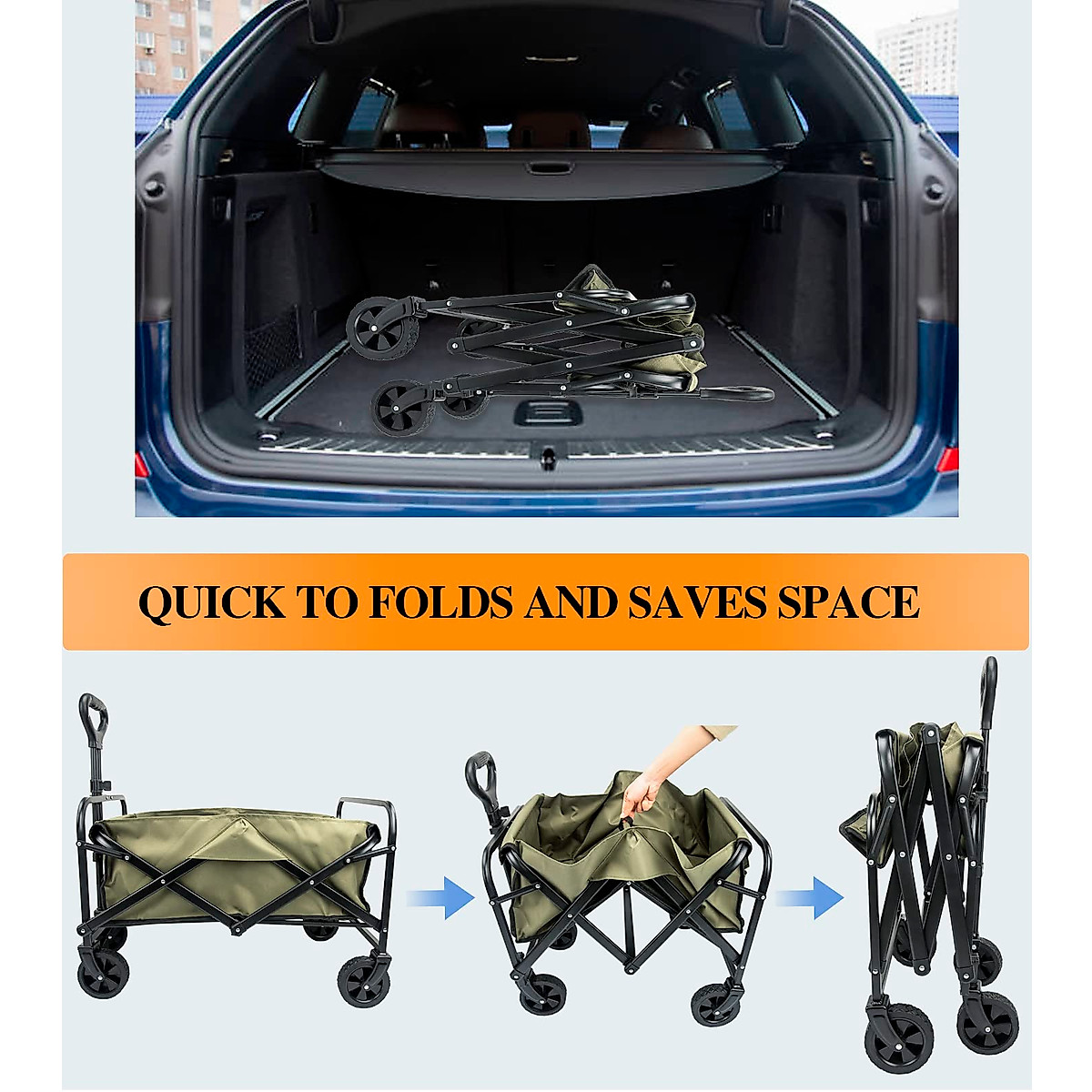 330lbs Collapsible Folding Wagon Cart Heavy Duty Outdoor Utility Wagon Beach Wagon Grocery Wagon Camping Portable Garden Wagon Cart with All-Terrain Wheels(Green)