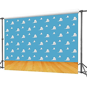 Cartoon Blue Sky and White Clouds Backdrop Wood Floor Backdrop 7x5ft Polyester Kids Birthday Party Boy Baby Shower Photo Background Dessert Table Banner Photo Studio Photography Props YL027