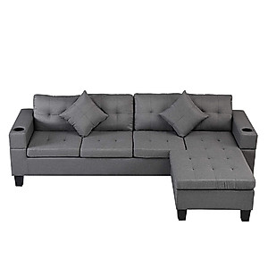 Morhome Upholstered Reversible Sofa,Modern L Shaped Couch with Left Or Right Hand Chaise and Cup Holder for Living Room Small Space