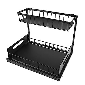 Miskall Under Sink Organizer L Shape 2 Tier Slide Out Sink Shelf for Under Kitchen Bathroom Sink Organizers and Storage Cabinet Organizer Black