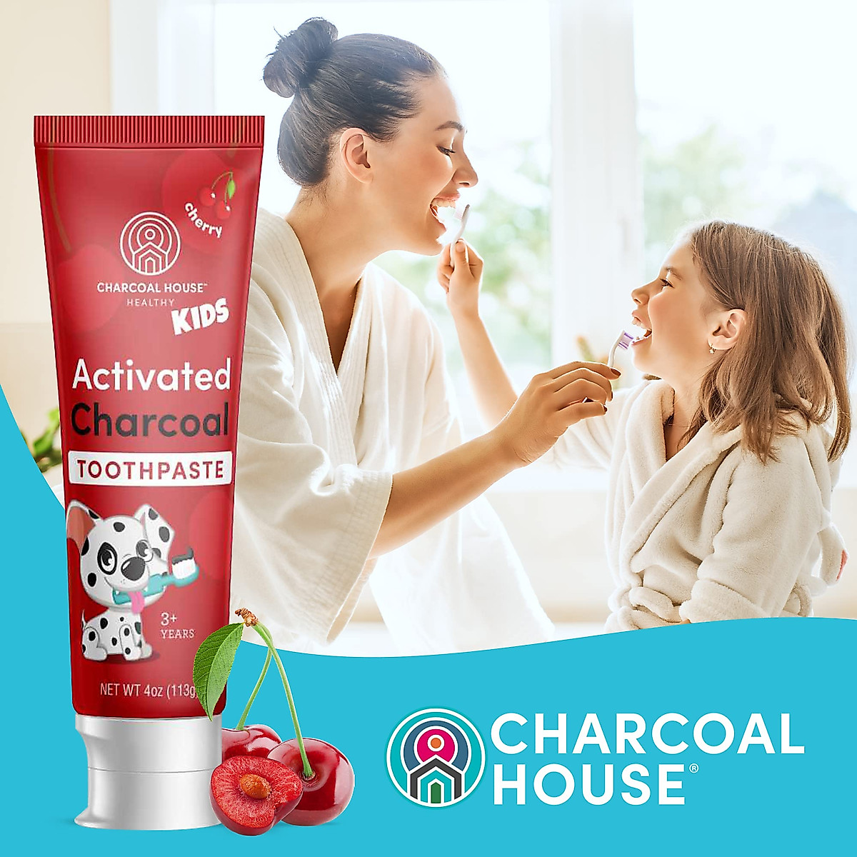 Charcoal House Activated Charcoal Teeth Whitening Toothpaste for Kids | Non-Toxic, Teeth Whitening, Natural Cherry Flavor, Fluoride Free, Natural, Vegan