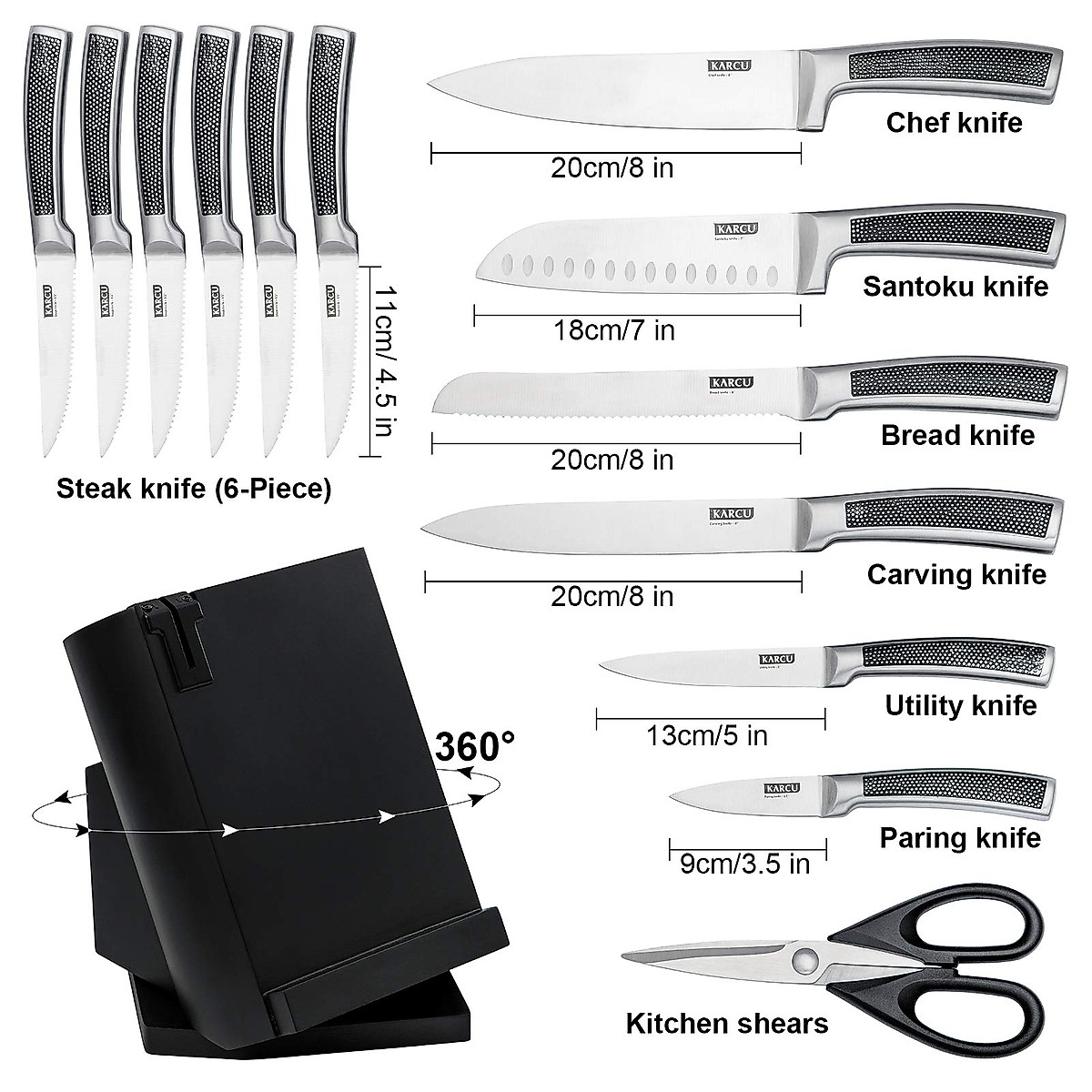 Knife Set, Knife Set for Kitchen, 14-Piece Stainless Steel Kitchen Knife Block Sets with Built-in Sharpener, Rotating Block