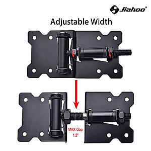 JIAHOO Self-Closing Gate Hinges Heavy Duty Door Hinges for Wooden/Vinyl/PVC Fences, 90 Degree Adjustable Gate Hinge Hardware Kit with Spring Adjuster Tool, Black(1 Pair-2 Hinges)