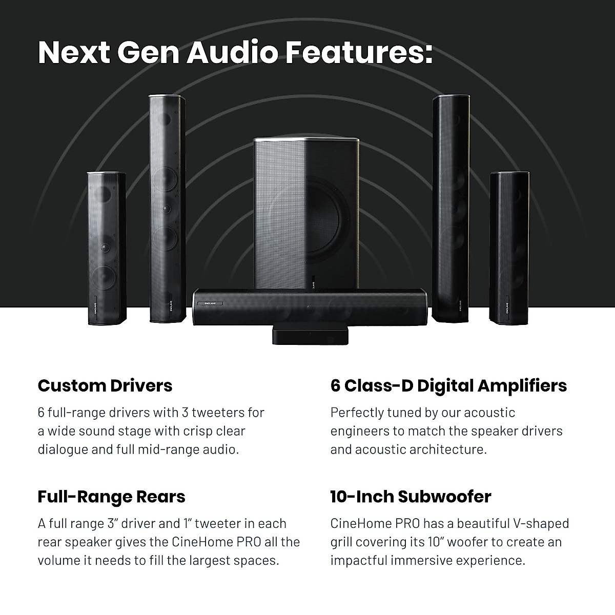 Enclave CineHome PRO - 5.1 Wireless Plug and Play Home Theater Surround Sound System - THX, Dolby, DTS WiSA Certified - includes 5 Active Wireless Speakers, 10-inch Subwoofer & CineHub Transmitter