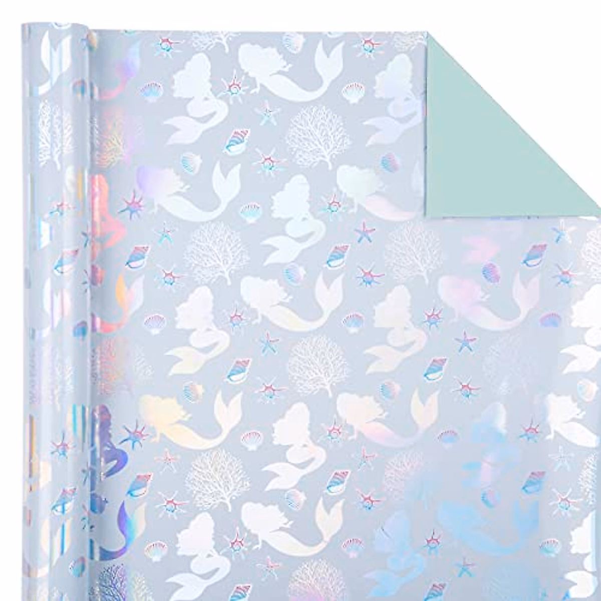 WRAPAHOLIC Reversible Wrapping Paper - Mini Roll - 17 Inch X 33 Feet - Mermaid with Colorful Foil Design for Kid's Birthday, Party, Baby Shower