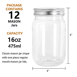 Tebery 12 Pack Clear Plastic Mason Jars with One Piece Lids, 16OZ Mason Cocktail Cup Shatterproof Drinking Jar, Refillable Empty Slime Storage Containers for Overnight Oats, Honey, Spices and Herbs