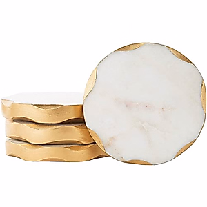James Scott Marble Coasters - Set of 4 Round Natural Coasters with Gold Edges - Beautiful Gift