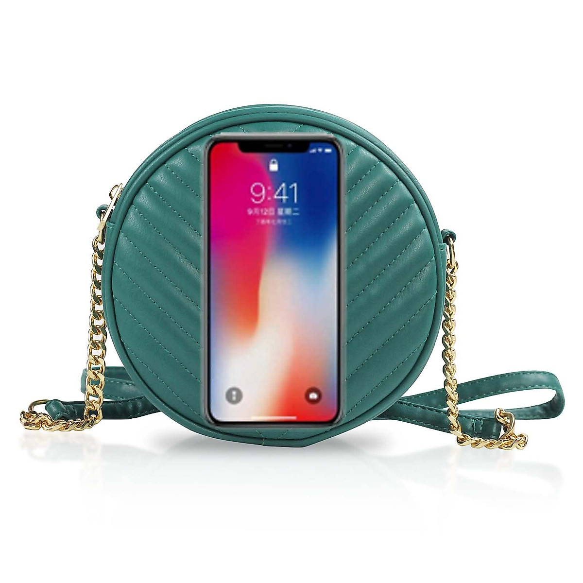 RCFJ b y K L A N D Round Crossbody Bag for Women,PU Leather Shoulder Bag with Metal Chain Strap, Cellphone Purses with Zipper