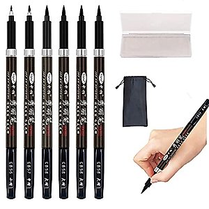 Rilanmit Calligraphy Pens Set for Beginners, Hand Lettering Pens Brush Drawing Markers Kits Chinese Japenese Pens Black Ink for Journaling, Writing, Art Drawing, 3 Size(Pack of 6)