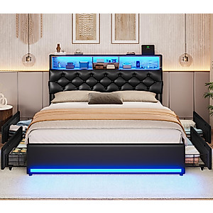BTHFST Queen Bed Frame with 4 Drawers & Hidden Storage Headboard, LED Bed Frame Queen Size with Charging Station, Upholstered Bed Frame Queen with Metal Slats, No Box Spring Needed, Black PU
