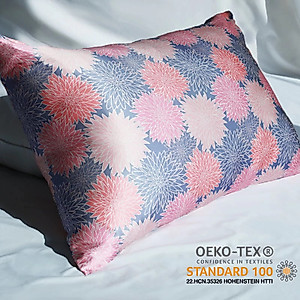 FELYSIK Pink Blue Floral Print Silk Pillowcase for Hair and Skin - Standard 20"x26", 22 Momme 100% Mulberry Silk Pillow Cases with Zipper