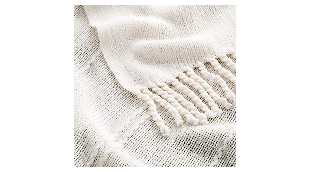 Revdomfly White Farmhouse Knitted Throw Blanket with Tassels
