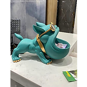CUZOKOLA Large Size Cute French Bulldog Gifts Statue Animal Blue Turquoise Dog Candy Dish Modern Candy Bowls for Office Desk Big Mouth Storage Resin Figurine for Home Decor with Gold Glasses Frame Key