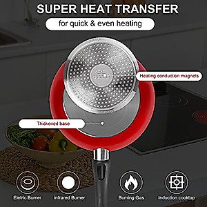 HUGOOD Nonstick Frying Pan Set - 3 Piece, PEEK Coating Non-stick Frying Pan Cookware, Skillet Set for Induction Cooktop, Gas, Electric,8 Inch, 9.5 Inch and 11 Inch, Dishwasher-Safe, Red & Black