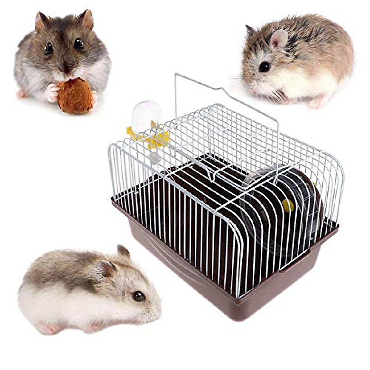 Pet Hamster Cage with Running Wheel Water Bottle Food Basin Portable Carrier House Mice Home Habitat for Going Out, Traveling (Coffee)