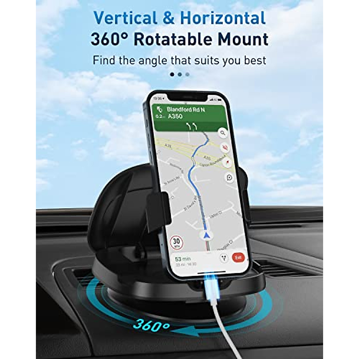 Phone Mount for Car, 360° Rotatable Car Dashboard Phone Holder Mount, Horizontal & Vertical Viewing Cell Phone Holder for Car，Washable Reusable Car Phone Mount, for iPhone Samsung & Other Smartphones