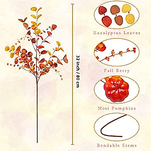 6 Pcs Fall Artificial Eucalyptus Stems Home Decor 32''/80cm Tall Fall Flowers Eucalyptus Leaves Berry Pumpkins for Autumn Thanksgiving Floral Arrangement Wedding Farmhouse Decorations Indoor Outdoor