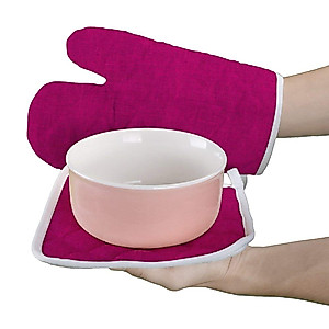 Oven Mitts with Pot Pads 2-Piece Set Fuchsia Burlap Texture Heat Resistant Non-Slip Gloves Holders Kitchen Set for Cooking Baking Grilling Microwave