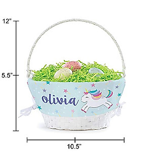 Rainbow Unicorn Personalized Easter Egg Basket with Handle and Custom Name | Blue Easter Basket Liners | White Basket | Woven Easter Baskets for Kids | Customized Easter Basket | Gift for Easter
