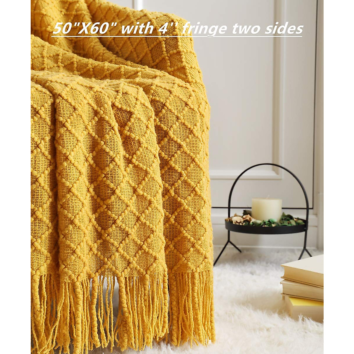 CREVENT Knitted Decorative Throw Blanket for Couch Sofa Chair Bed，Soft Warm Cozy Light Weight for Spring Summer (50''X60'' Mustard Yellow)